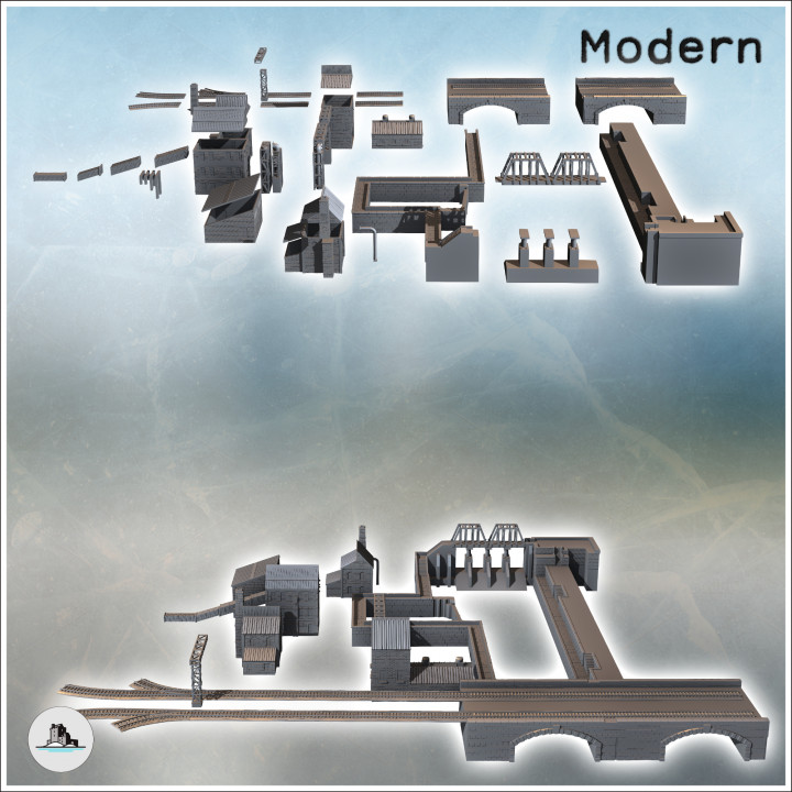 3D Printable Large set of industrial complex with canals, dam, railway ...