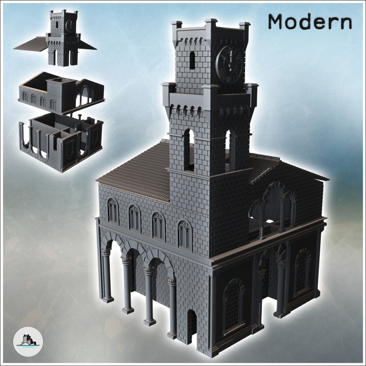 3D Printable Large classical tile-roofed building with stone walls ...