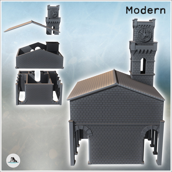 3D Printable Large classical tile-roofed building with stone walls ...