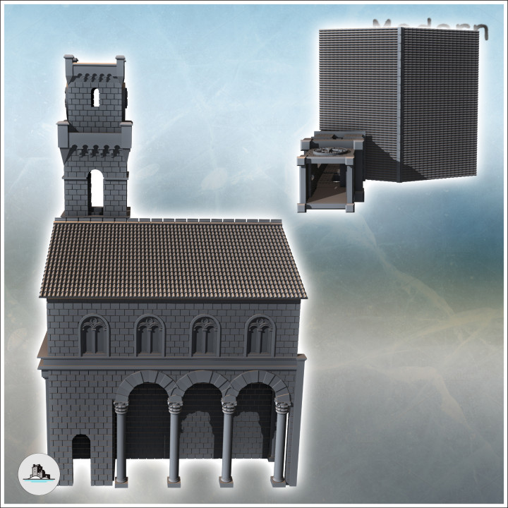 3D Printable Large classical tile-roofed building with stone walls ...