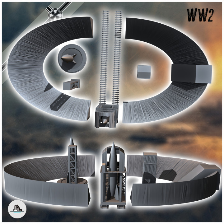 3D Printable German V2 missile preparation and launch site with a large ...