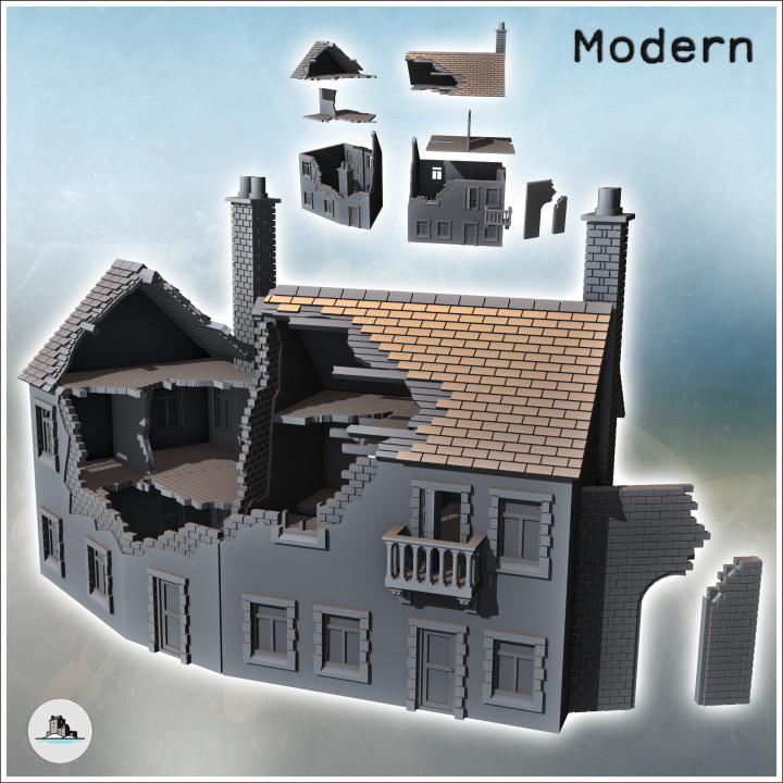 3D Printable Set of two damaged buildings with visible interiors ...