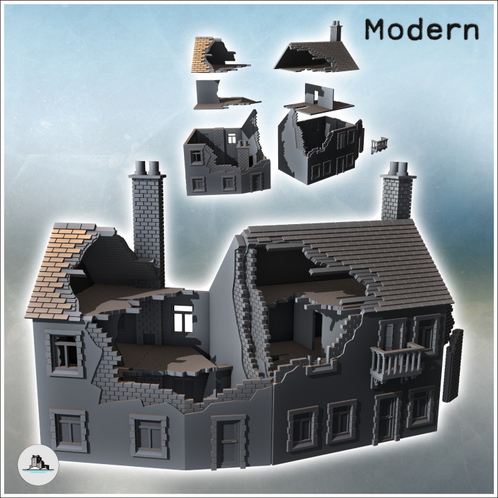3D Printable Set of two damaged buildings with visible interiors ...