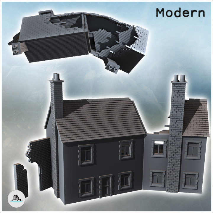 3D Printable Set of two damaged buildings with visible interiors ...
