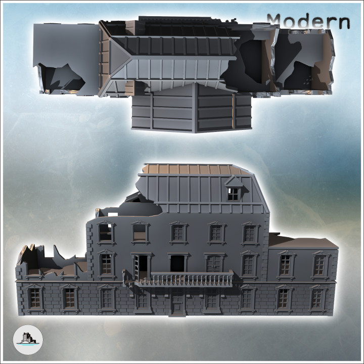 3D Printable Large building with a zinc roof, hewn stone base, and flat ...