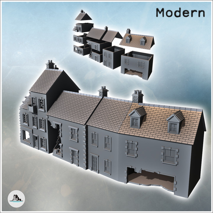 3D Printable Set of four attached European ruined houses with chimneys ...