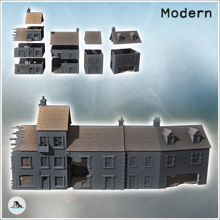 3D Printable Set of four attached European ruined houses with chimneys ...