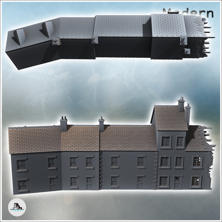3D Printable Set of four attached European ruined houses with chimneys ...