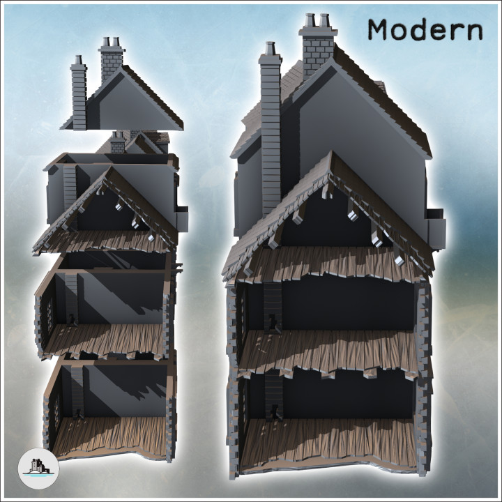 3D Printable Set of four attached European ruined houses with chimneys ...