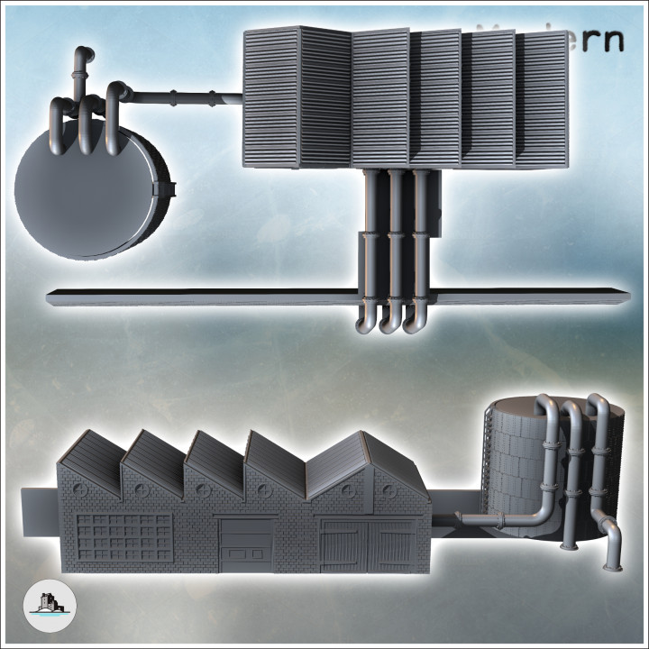 3D Printable Industrial building with partial shed roof, tanks, and external piping (31 ...