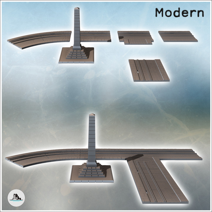 3D Printable Modular urban paved road set and stone obelisk monument ...