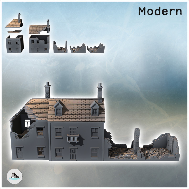 3D Printable Set of five buildings with ruins, balconies, and large ...