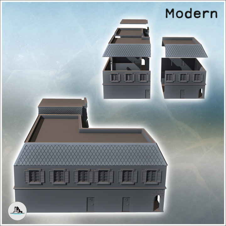 3D Printable Set of two modern flat-roofed buildings with a large ...