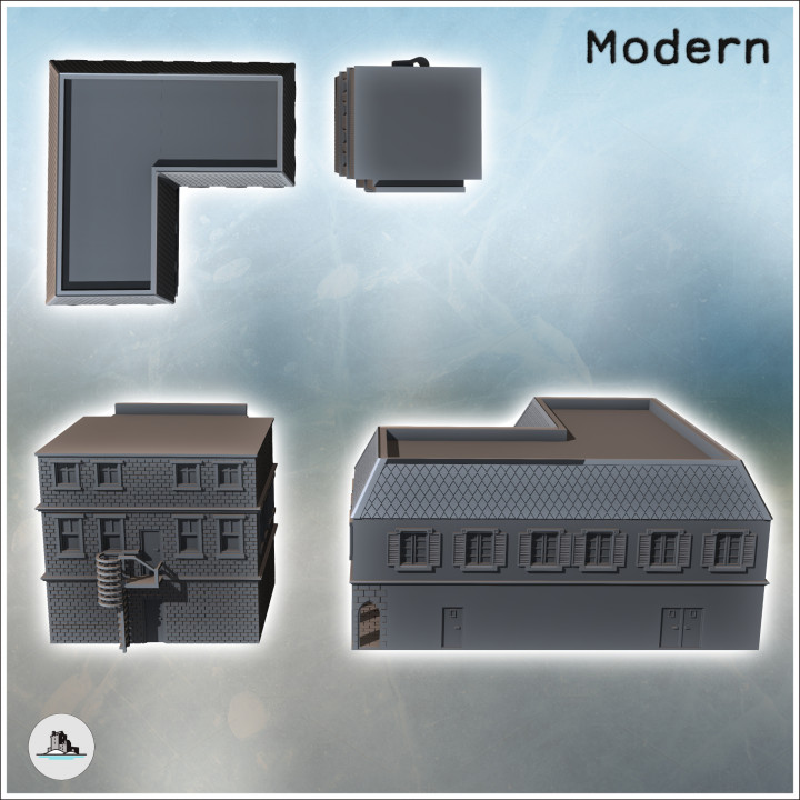 3D Printable Set of two modern flat-roofed buildings with a large ...