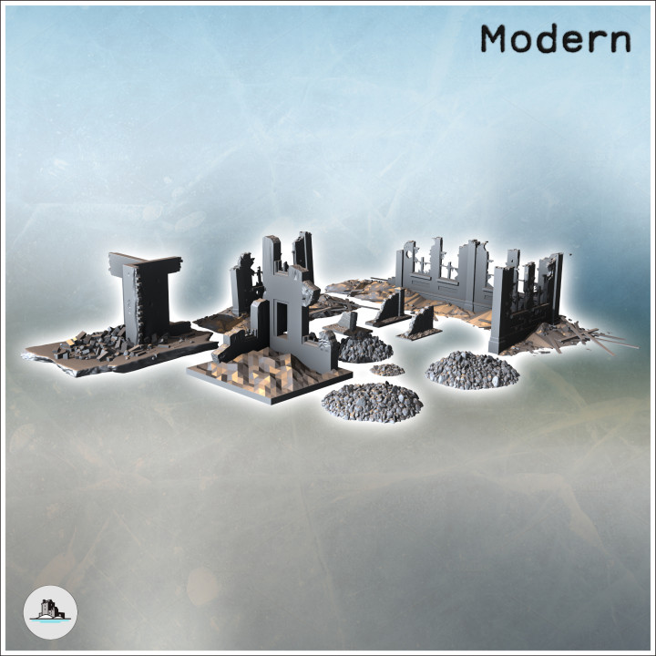 3D Printable Set of ruins with wall sections, windows, and debris (1 ...