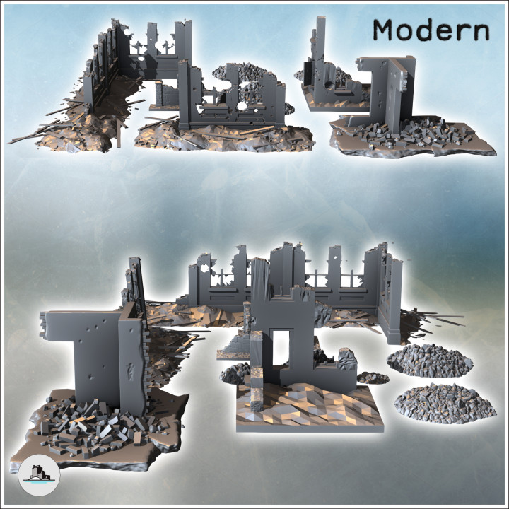 3D Printable Set of ruins with wall sections, windows, and debris (1 ...