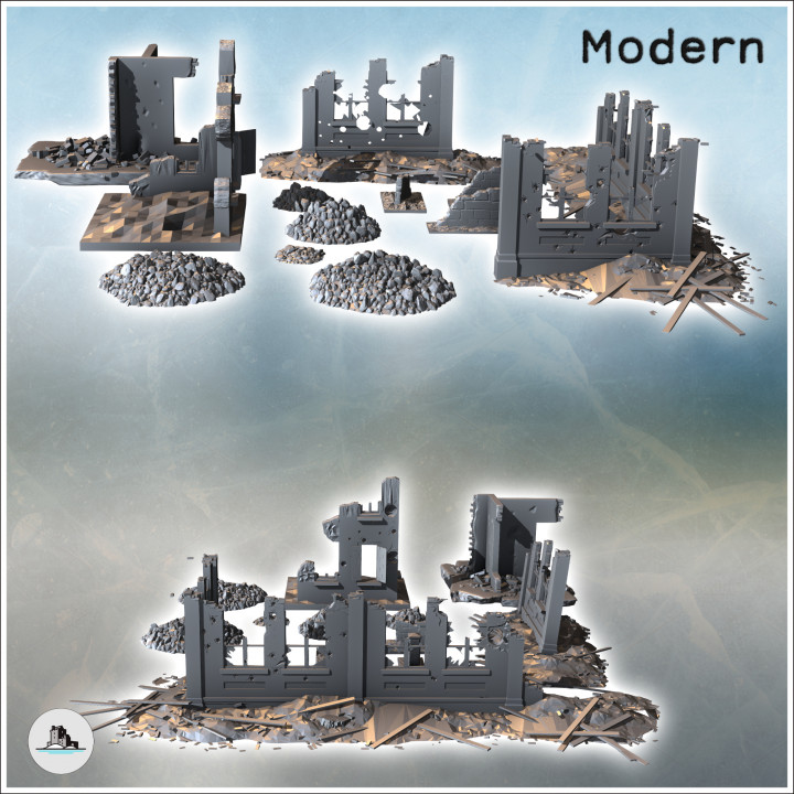 3D Printable Set of ruins with wall sections, windows, and debris (1 ...