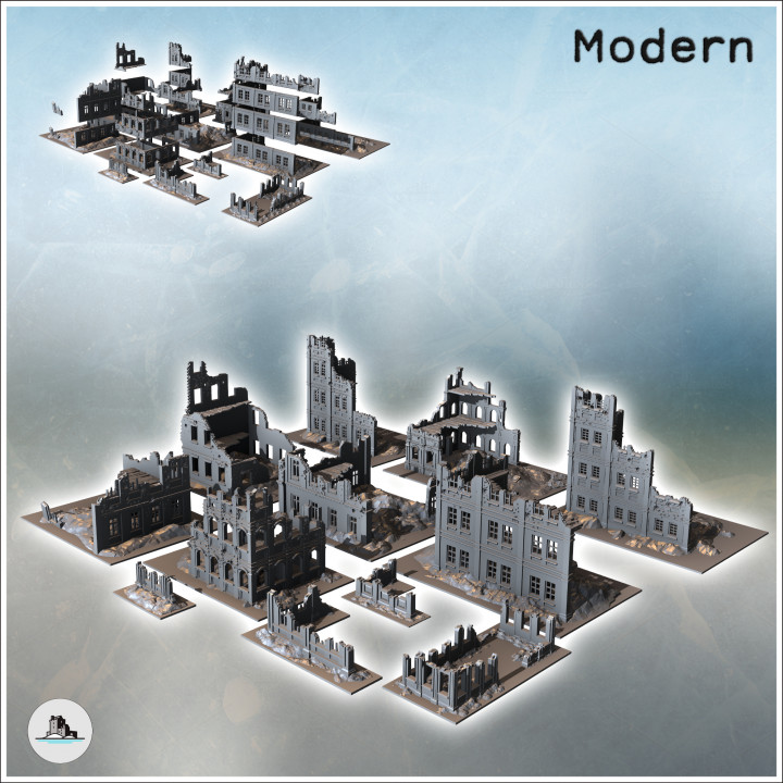 3D Printable Set of twelve large modern and futuristic ruins with ...