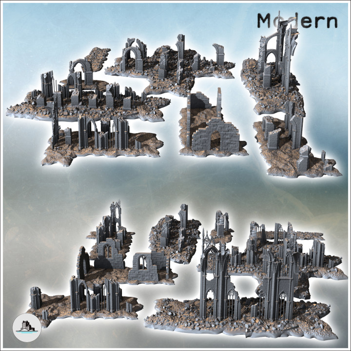 3D Printable Set of Gothic cathedral ruins with large arches and ...