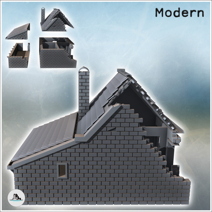 3D Printable Single-story house with brick walls, tiled roof, and rear ...