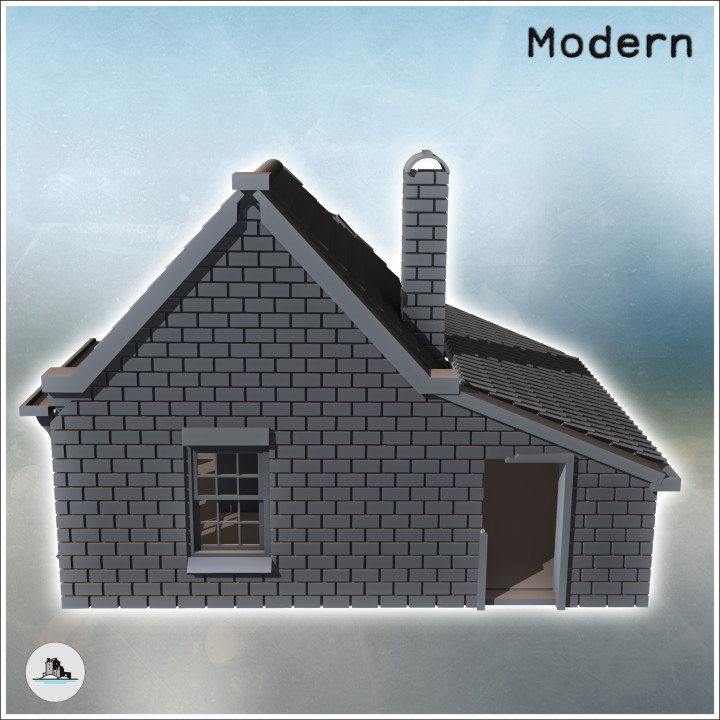 3D Printable Single-story house with brick walls, tiled roof, and rear ...