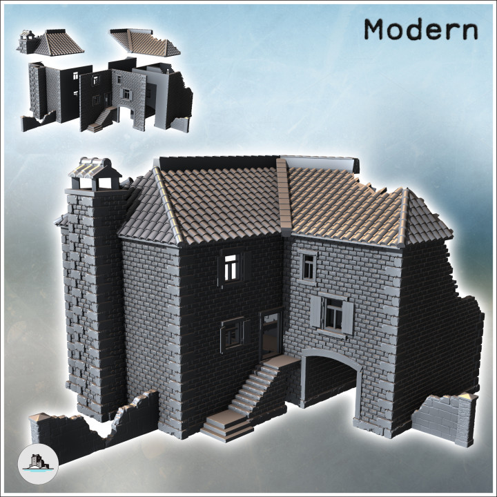 3D Printable Partially destroyed large brick building with passage arch ...