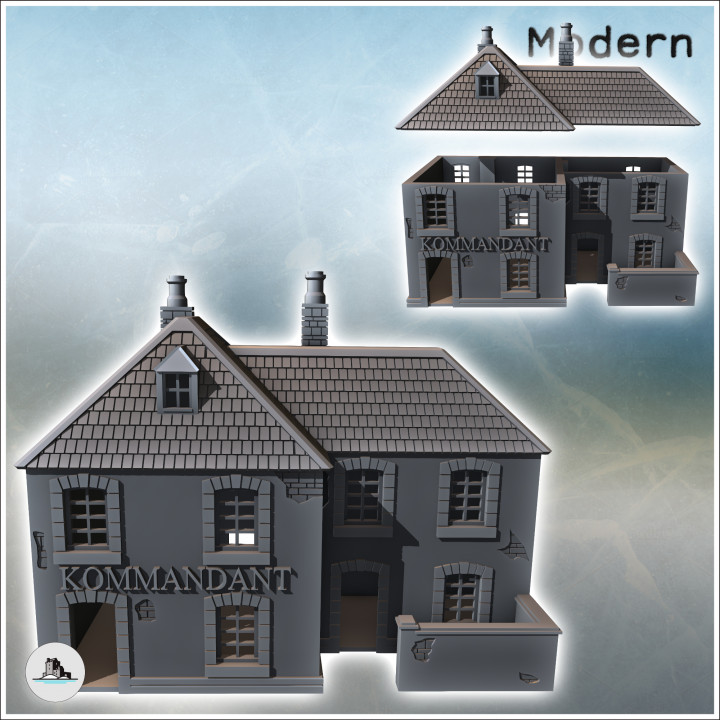 3D Printable Commander's house with damaged walls, slate roof, and two ...