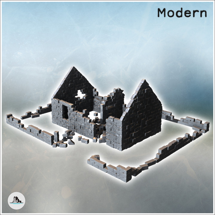 3D Printable Stone house ruin with a central load-bearing wall and ...