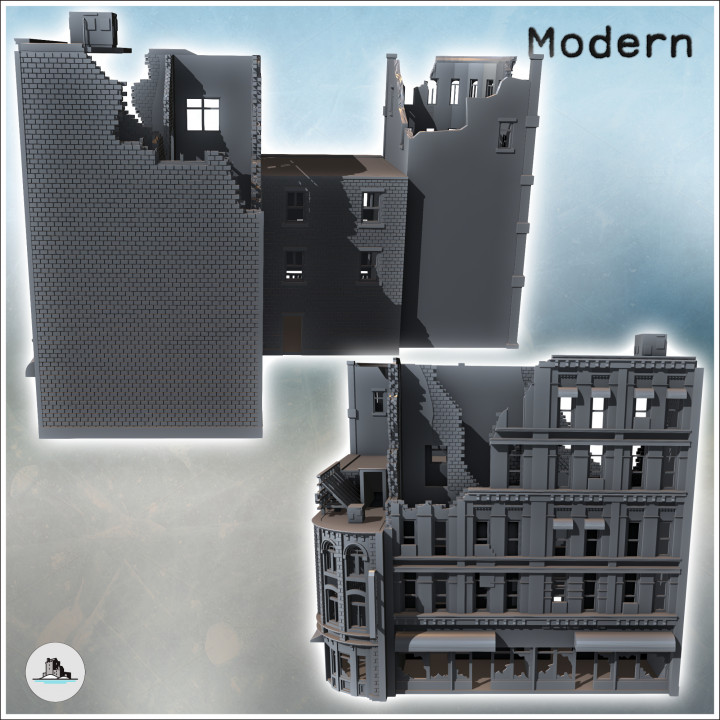 3D Printable Set of ruined corner urban buildings with "The Majes ...
