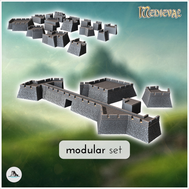 3D Printable Modular set of stone defensive walls with forts (2 ...