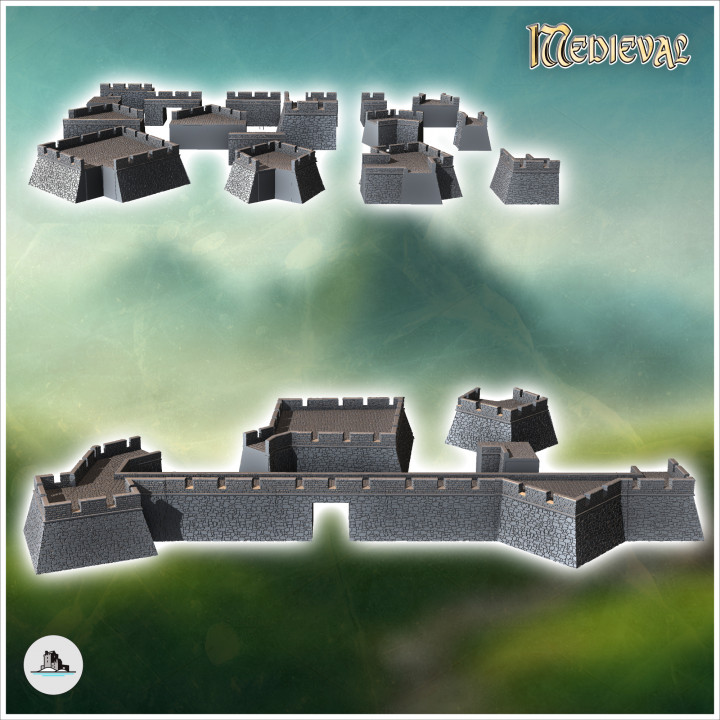 3D Printable Modular set of stone defensive walls with forts (2 ...