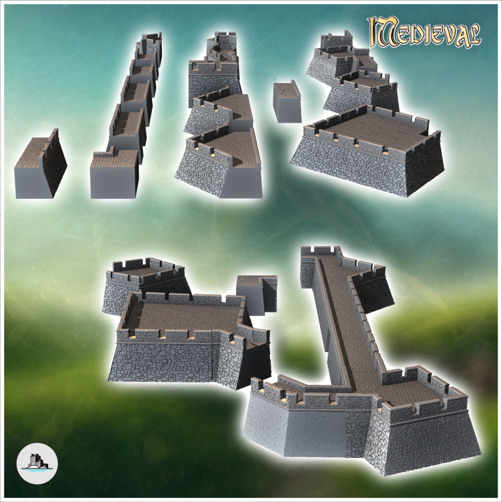 3D Printable Modular set of stone defensive walls with forts (2 ...