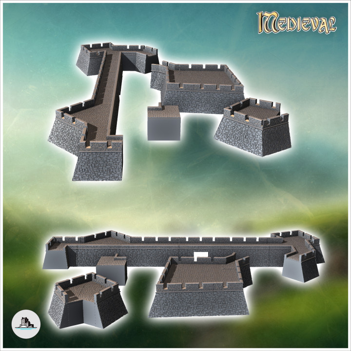 3D Printable Modular set of stone defensive walls with forts (2 ...
