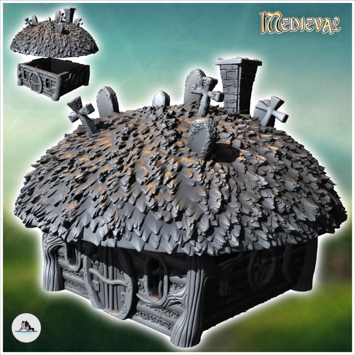 3D Printable Round medieval hobbit house with cross on roof and round ...