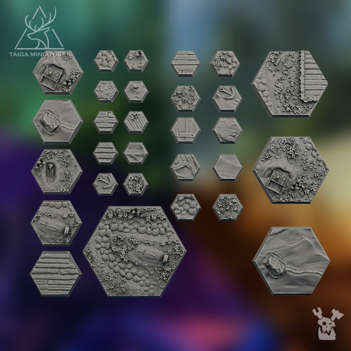 3D Printable Pirate Island hex bases set x116 by Taiga Miniatures