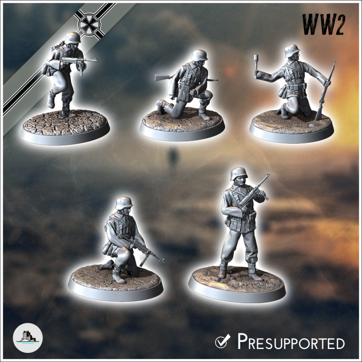 3D Printable Set of five German WW2 infantry troops (with MP40 and K98k ...