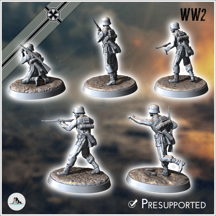 3D Printable Set of five German WW2 infantry troops (with MP40 and K98k ...