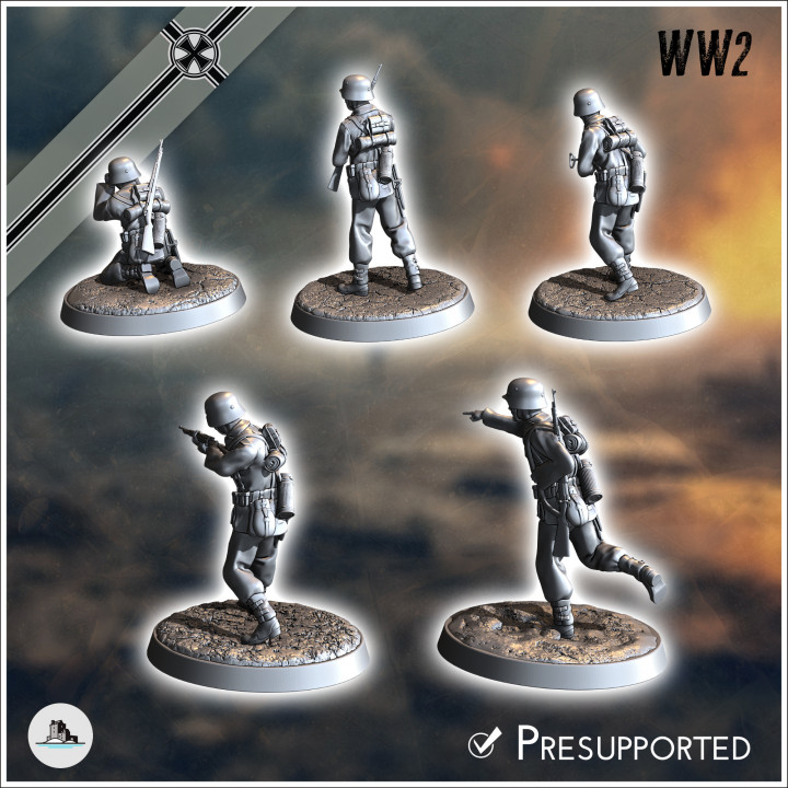 3D Printable Set of five German WW2 infantry troops (with MP40 and K98k ...