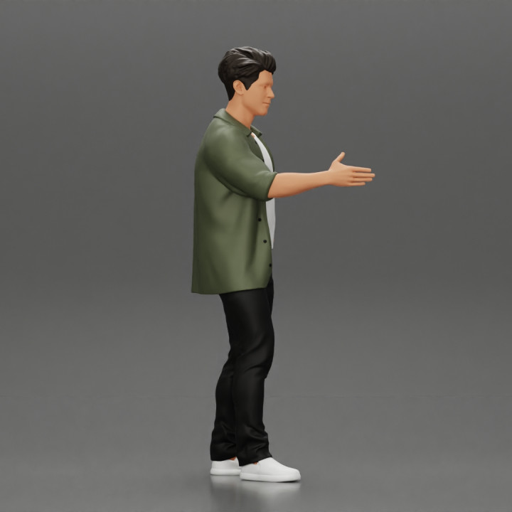 3D Printable man standing in an open shirt extending his hand for a ...