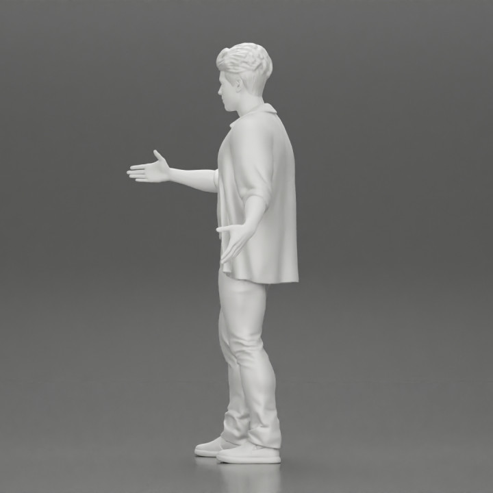 3D Printable man standing in an open shirt extending his hand for a ...