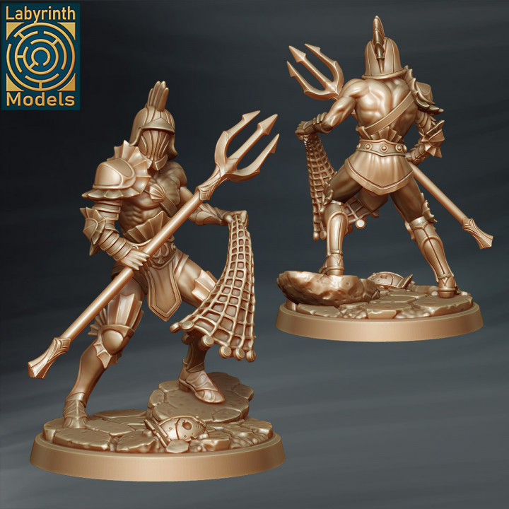 3D Printable Sea Elf Retiarii Gladiators - 32mm scale by Labyrinth Models