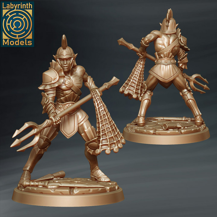 3D Printable Sea Elf Retiarii Gladiators - 32mm scale by Labyrinth Models