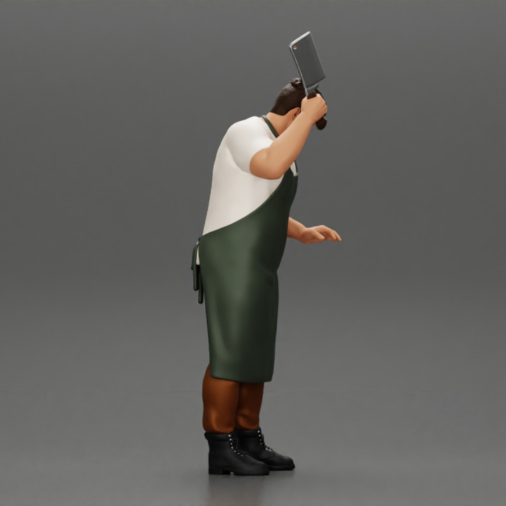 3D Printable butcher standing while holding a cleaver and cutting ...