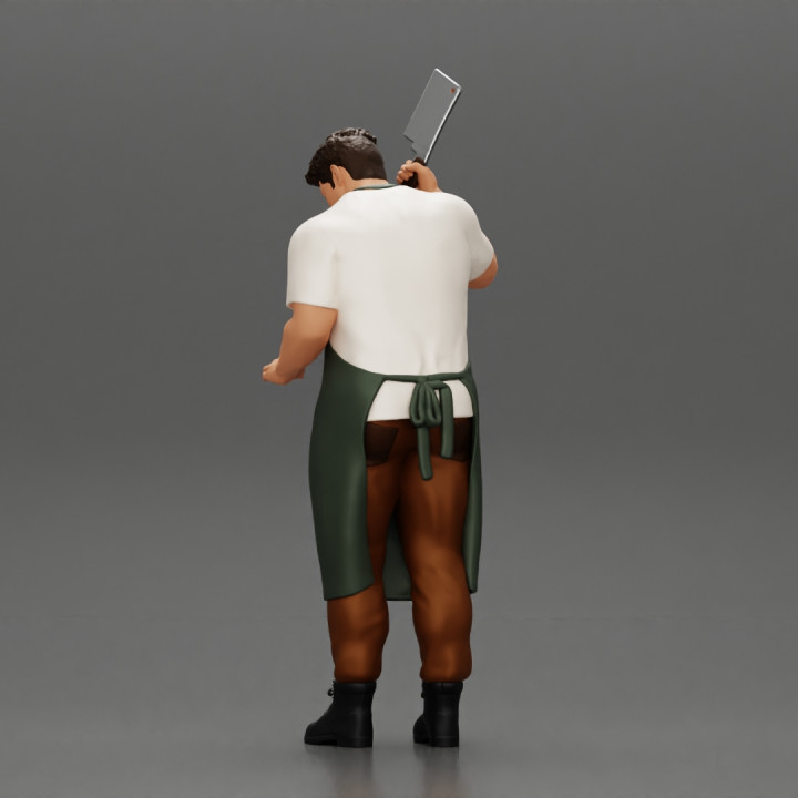 3D Printable butcher standing while holding a cleaver and cutting ...