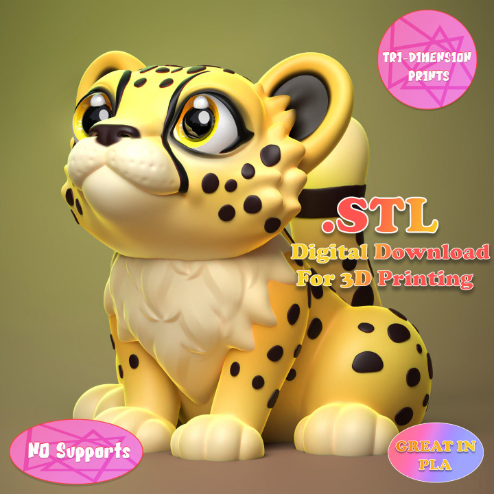 3D Printable CUTE CHEETAH (NO SUPPORTS) by TriDimensionPrints