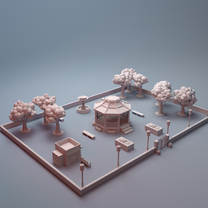3D Printable Urban Small Park 28mm by Corvus Games Terrain
