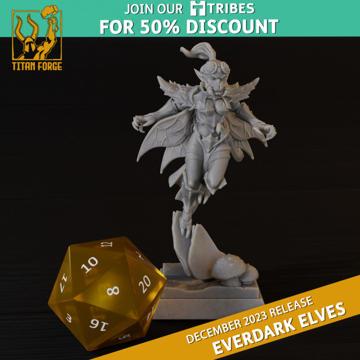 3D Printable Everdark Elves Flying Assassins by Titan Forge Miniatures
