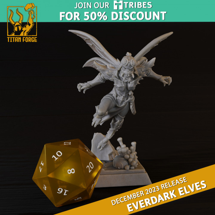 3D Printable Everdark Elves Flying Assassins by Titan Forge Miniatures