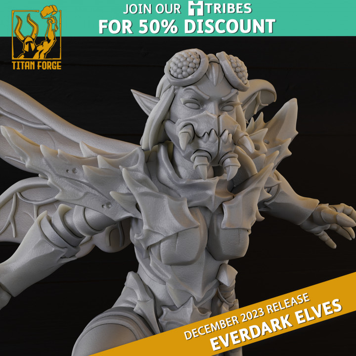 3D Printable Everdark Elves Flying Assassins by Titan Forge Miniatures