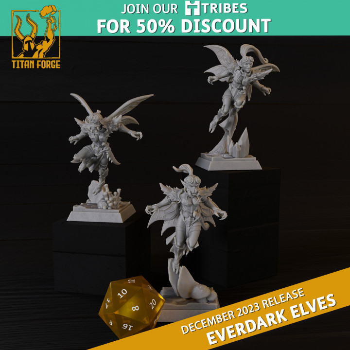 3D Printable Everdark Elves Flying Assassins by Titan Forge Miniatures